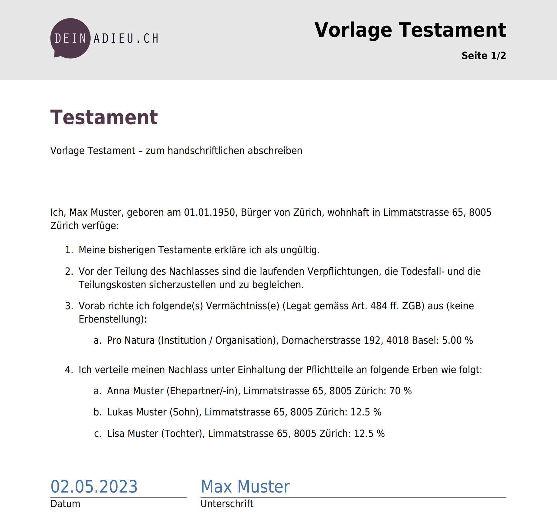 Testament Beispiel für verheiratetes Ehepaar mit Kindern | DeinAdieu
