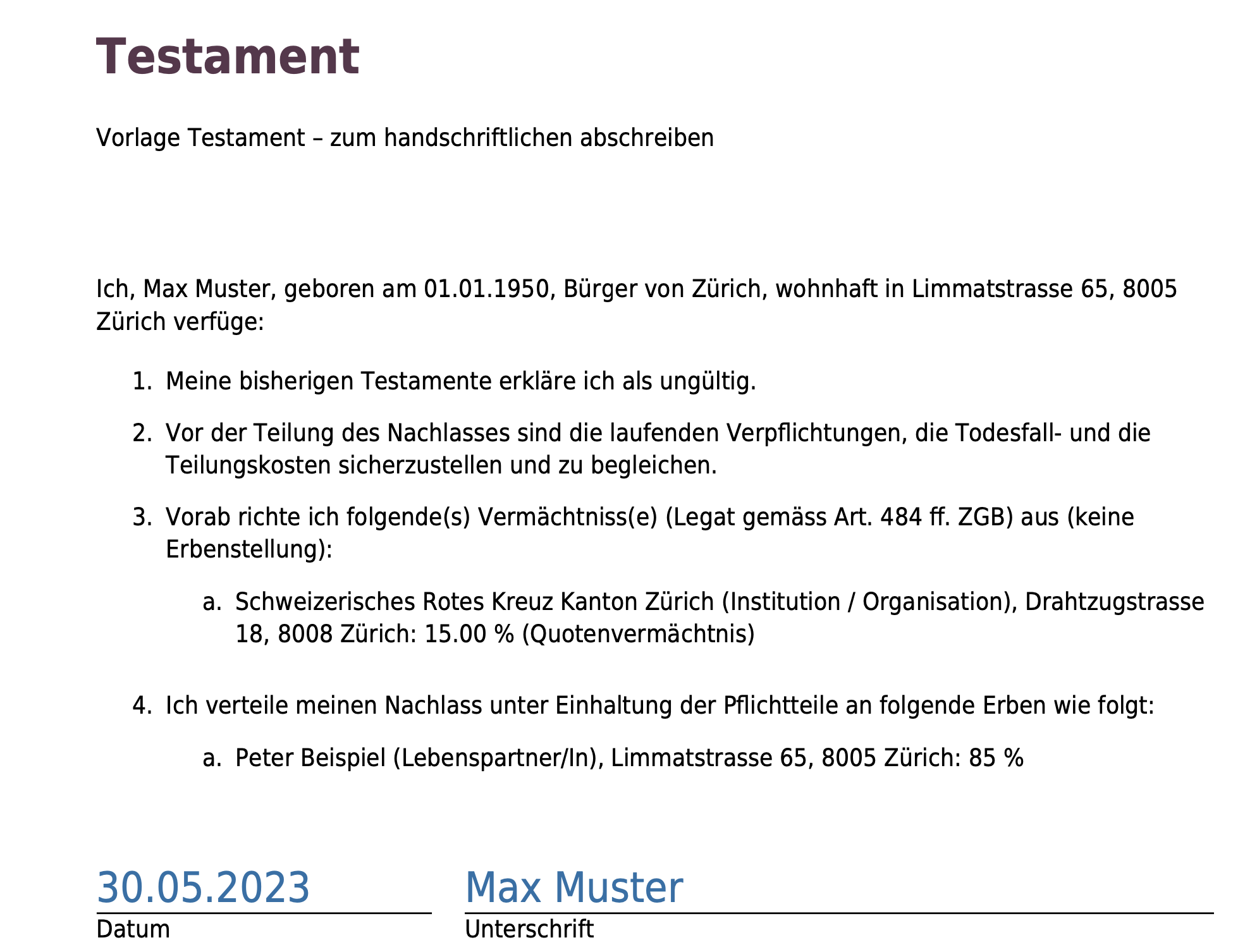 Testament Beispiel: Lebenspartner im Konkubinat ohne Kinder | DeinAdieu